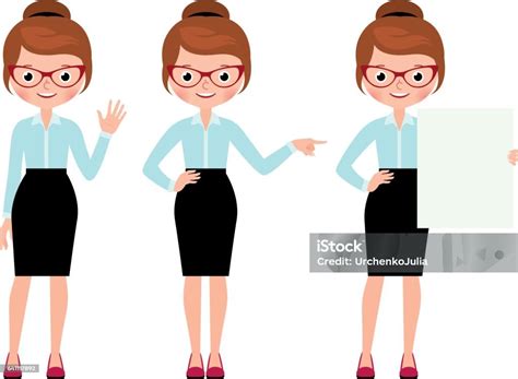 다양 한 제스처를 만드는 다른 포즈에서 전체 길이의 흰색 배경에 고립 된 비즈니스 우먼 가득 찬에 대한 스톡 벡터 아트 및 기타 이미지 가득 찬 가리키기 간판