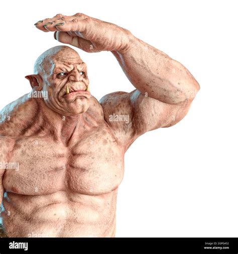 Ogre Man Is Looking Around In White Background Close Up 3d
