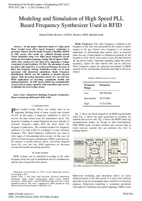 Pdf Modeling And Simulation Of High Speed Pll Based Frequency Synthesizer Used In Rfid