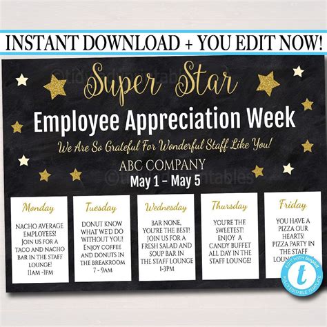 Staff Appreciation Week Itinerary Poster Appreciation Week Schedule Events Fundraiser