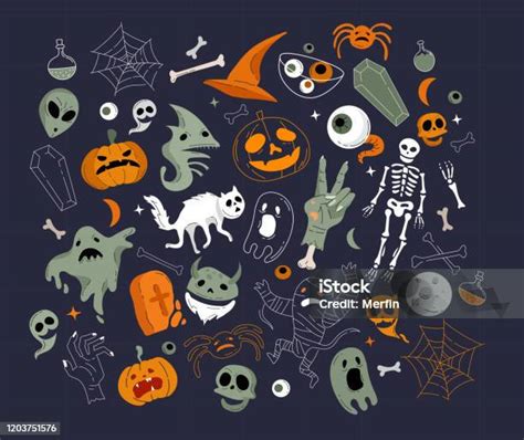 Helloween 인사말 카드 및 포스터 파티 기호에 대 한 벡터 아이콘 및 요소 컬렉션입니다 기호와 기호가 있는 개념