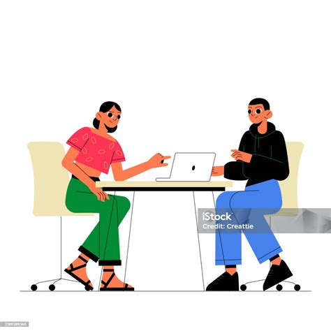 팀워크와 협업을 상징하는 평면 벡터 일러스트 레이 션에서 노트북과 책상에서 공동 작업하는 두 사람 흰색 배경에 고립 된 경영자에 대한 스톡 벡터 아트 및 기타 이미지