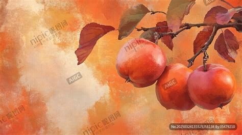 Ai创作图秋天 苹果 树枝 红叶 果实 丰收 自然 色彩 油画 质感 田园 风景 季节 植物 静物 昵图网
