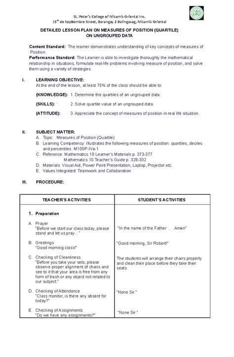 Lesson Plan On Measures Of Position Calculating Quart