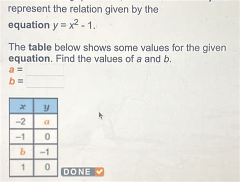 solved represent the relation given by the equation y x 2 1 the table