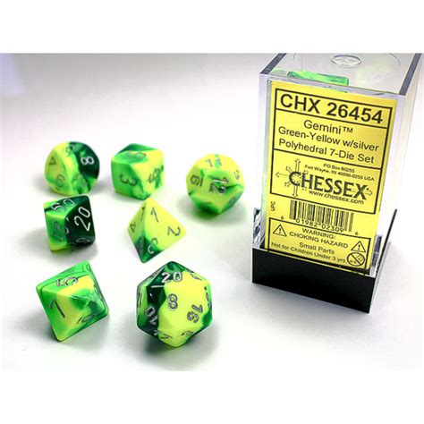 Chessex Gemini Dice Green Yellow Silver 7 Die Polyhedral Set