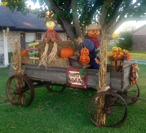Fall Porch Decor Old Wagon With Pumpkins And Scarecrows
