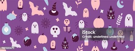 플랫 종이 컷 스타일의 할로윈 원활한 패턴 밤 파티 아이콘입니다 무서운 유령 호박 유령의 집 박쥐 무덤 두개골 해골 거미 그물 귀여운 배너 웹 헤더 패턴에 대한 스톡 벡터