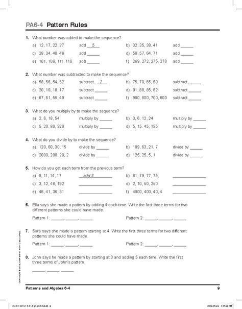 Grade 6 Worksheets Patterns And Algebra Patterns And Algebra 6 4 9 Copyright © 2018 Jump Math