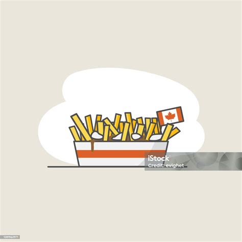 푸틴 아이콘 프랑스 캐나다 음식의 벡터 그림 캐나다 국기가 있는 상자에 푸틴 그레이비와 치즈 커드와 감자 튀김 푸틴 감자에 대한 스톡 벡터 아트 및 기타 이미지 Istock