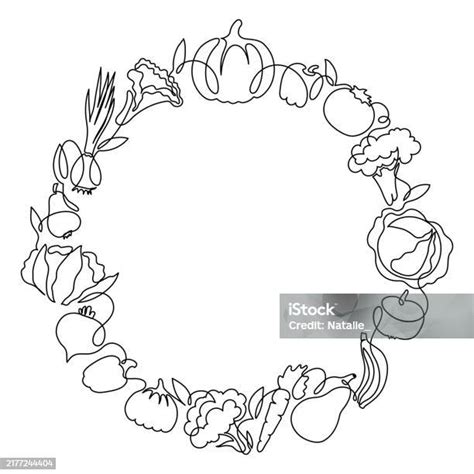 야채 낙서 원형 테두리 프레임 연속 선 그리기 호박 양파 브로콜리 호박 양상추 콜리플라워 토마토 고추 양배추 당근 감자 사과 과일 건강한 식생활에 대한 스톡 벡터 아트 및