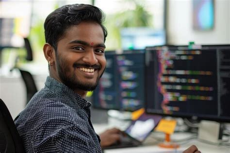 premium photo smiling indian man sitting in front of a computer monitor debugging code a