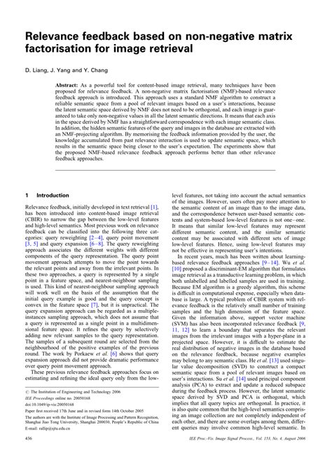 Pdf Relevance Feedback Based On Non Negative Matrix Factorisation For Image Retrieval