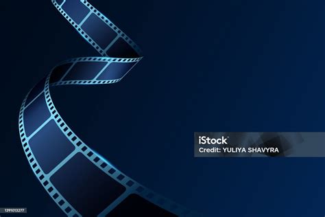 텍스트를위한 장소가있는 파란색 배경에 사실적인 필름 줄무늬 물결 원근감이 있는 현대적인 3d 아이소메트릭 필름 스트립 필름 릴이