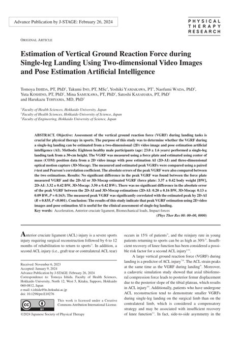 Pdf Estimation Of Vertical Ground Reaction Force During Single Leg Landing Using Two