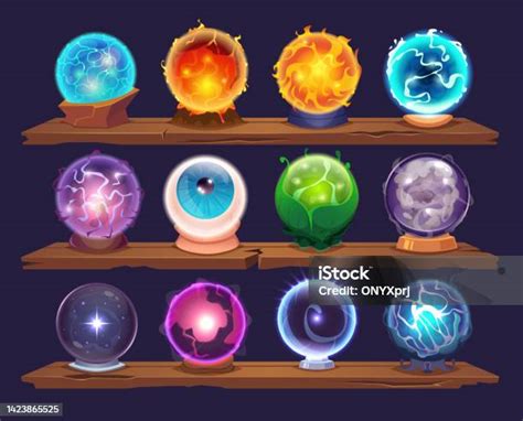 마법의 구 미래의 예측을위한 마술사 크리스탈 유리 라운드 글로브 마녀와 동화 마법사를위한 정확한 벡터 컬러 아이템 3차원 형태에 대한 스톡 벡터 아트 및 기타 이미지