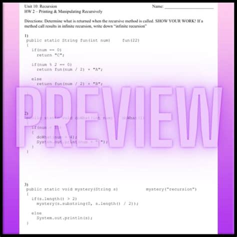 Goldies Ap® Computer Science A Unit 10 Recursion Homework Tpt