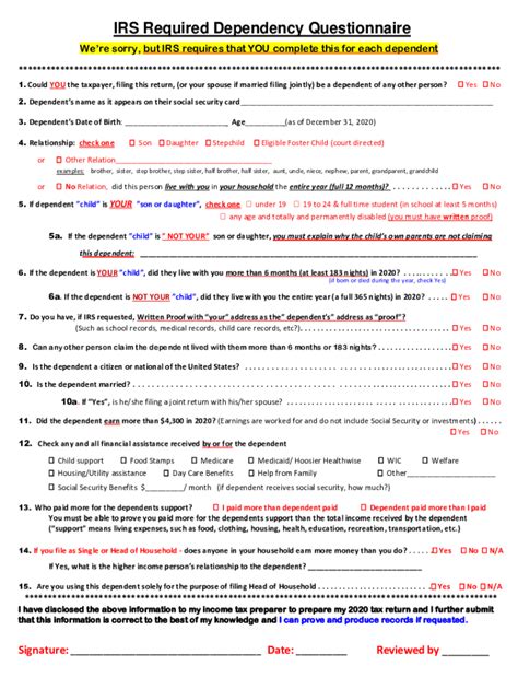 Fillable Online Irs Required Dependency Questionnaire Fax Email Print