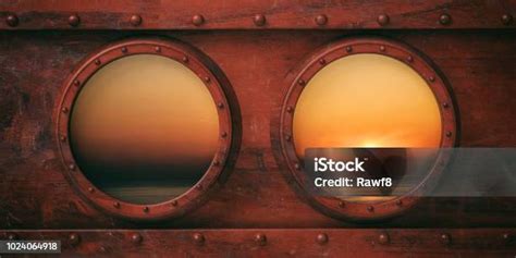 현 금속 배경 잔잔한 바다 창에서 석양 배 3 차원 일러스트 레이 션 둥근 창에 대한 스톡 사진 및 기타 이미지 둥근 창