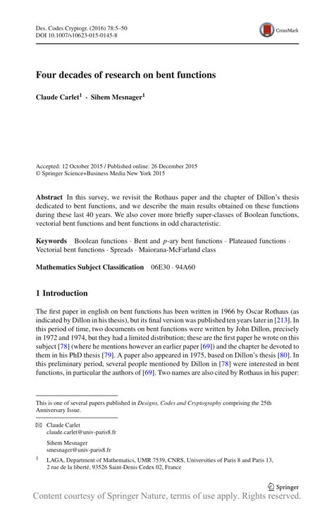 four decades of research on bent functions request pdf