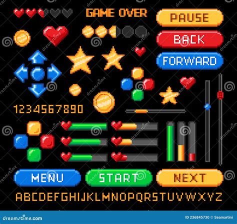 Pixel Art 8bit Game Interface Retro Buttons Bars Stock Illustration