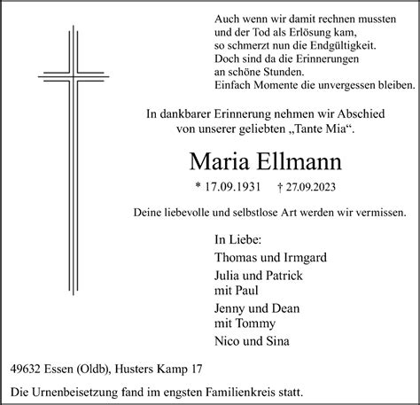 Traueranzeigen Von Maria Ellmann Om Trauer De