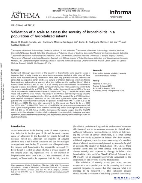 Pdf Validation Of A Scale To Assess The Severity Of Bronchiolitis In A Population Of