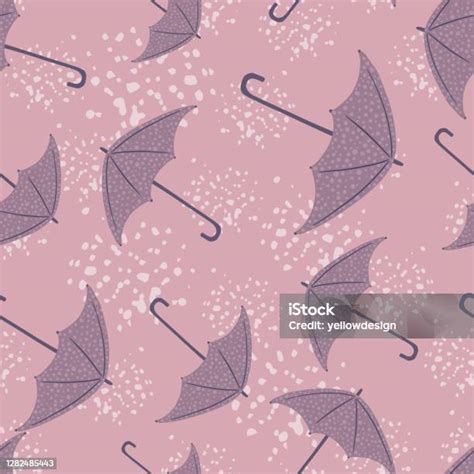 보라색 우산 모양과 창조적 인 계절 원활한 패턴 스플래시와 핑크 배경 간단한 비오는 장식 가능성에 대한 스톡 벡터 아트 및 기타