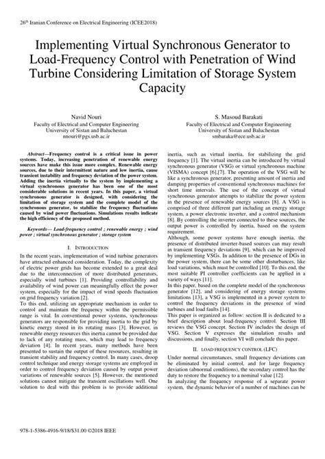 PDF Implementing Virtual Synchronous Generator To Load Frequency Control With Penetration Of