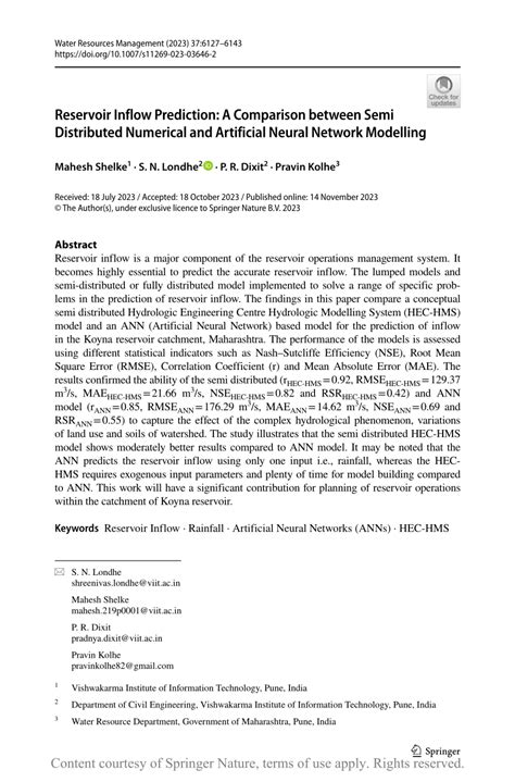 Reservoir Inflow Prediction A Comparison Between Semi Distributed