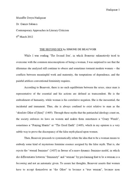 The Second Sex Derya Pdf Femininity Simone De Beauvoir