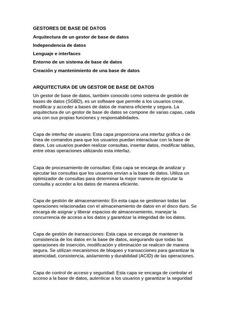 Gestores De Base Datos Pdf Bases De Datos Mi Sql