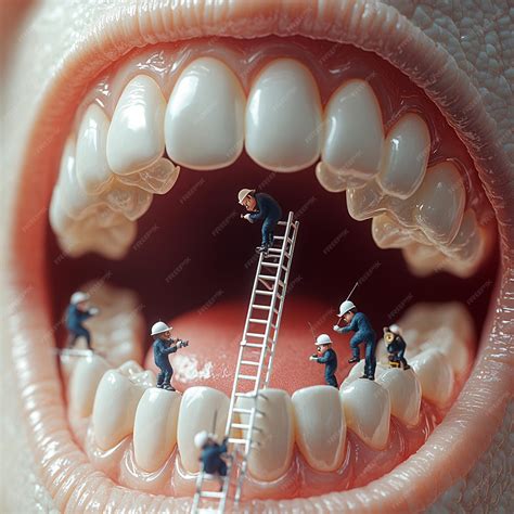 Premium Photo Realistic Dental Scene Tiny Figures Scanning A Giant Mouth