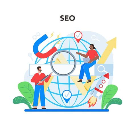 Seo 전문가 개념 마케팅 전략으로 웹 사이트에 대한 검색 엔진 최적화 아이디어 인터넷 개발 감사 벡터 일러스트 만화 스타일의