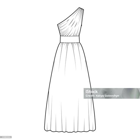 몸에 맞는 원 숄더 테크니컬 패션 일러스트 플로어 맥시 길이 원형 스커트를 입어보십시오 플랫 이브닝 0명에 대한 스톡 벡터 아트