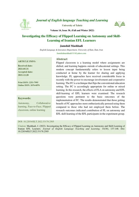 Pdf Investigating The Efficacy Of Flipped Learning On Autonomy And Skill Learning Of Iranian
