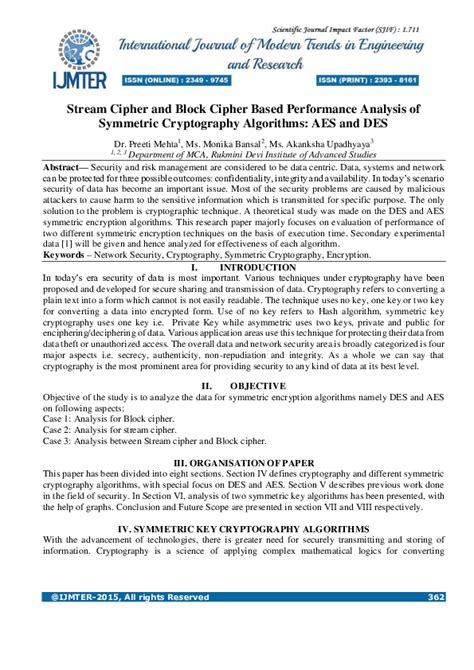 Pdf Ijmter 2015 All Rights Reserved Stream Cipher And Block Cipher Based Performance Analysis