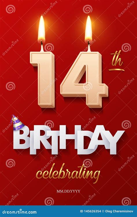 Burning Birthday Candles In The Form Of Number 14 Figure And Happy