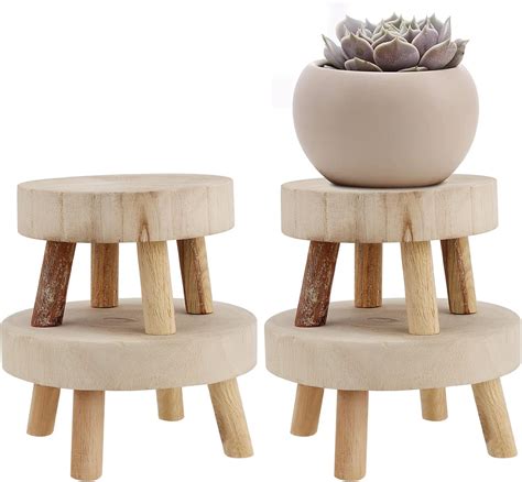 Sehoi 4 Pcs Mini Wooden Stool Plant Stand Small Plant