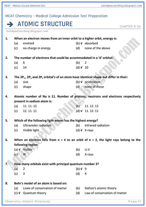 Adamjee Coaching Mcat Chemistry Atomic Structure Mcqs For Medical