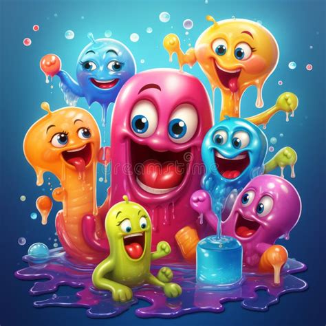 Happy Melting Jelly Figures On Isolated Blue Background Colorful