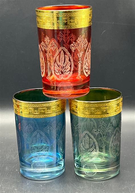 Six Timon 4 Glasses Made In Italy Gold Red Teal And Green Etsy