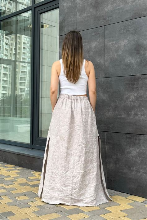 Ivory Linen Maxi Skirt Handmade Long Skirt With Pockets Etsy