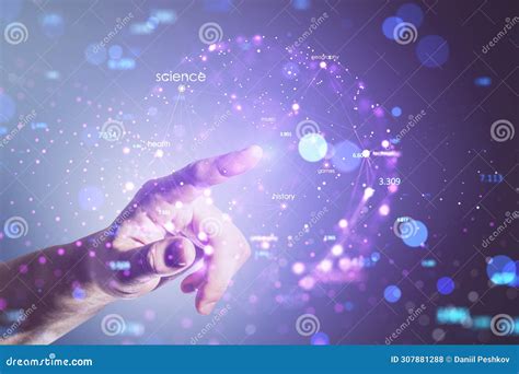 Hand Interacting With Floating Digital Nodes And Connections On A Dark Background Big Data