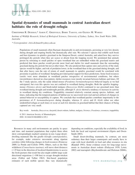 Pdf Spatial Dynamics Of Small Mammals In Central Australian Desert Habitats The Role Of