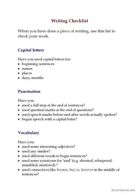 Writing Checklist English Esl Worksheets Pdf And Doc
