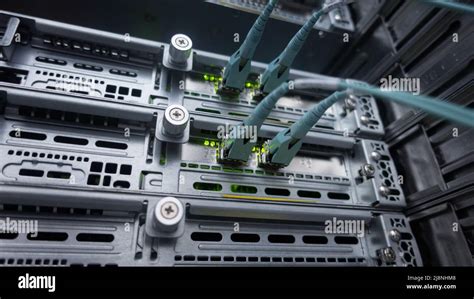 Infrastructure Telecommunication Internet Network Server Rack Four Cables Close Up Stock Photo