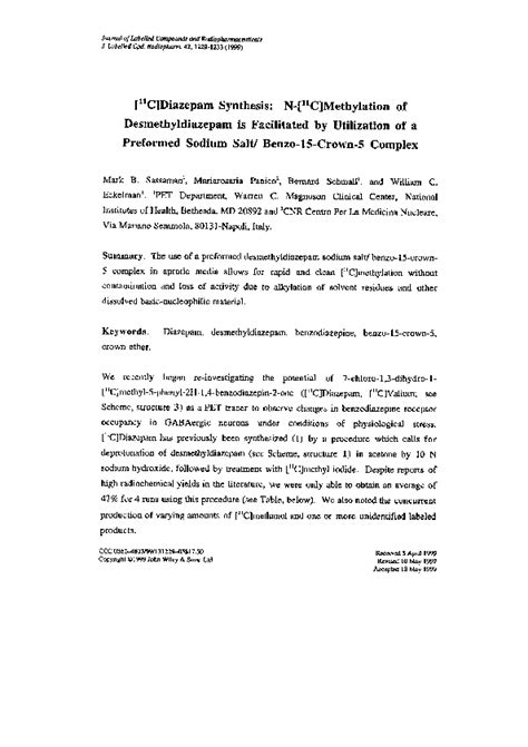 Pdf 11c Diazepam Synthesis N 11c Methylation Of Desmethyldiazepam