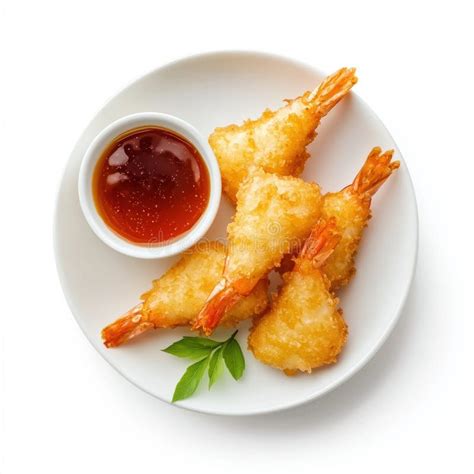 Crispy Tempura Shrimp Served With A Golden Dipping Sauce On A White