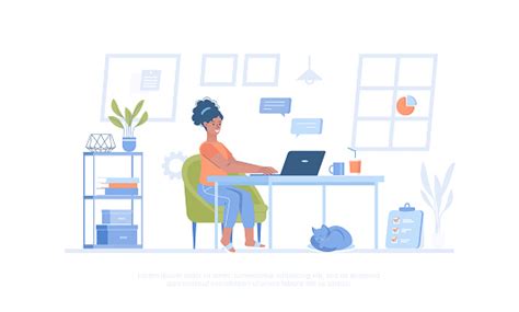 프리랜서 개념입니다 온라인 웹 작업 인터넷 작업자 소녀는 집에서 편안한 환경에서 일한다 배너 웹사이트 디자인 랜딩 페이지를 위한 만화 현대 플랫 벡터 일러스트레이션 개발에